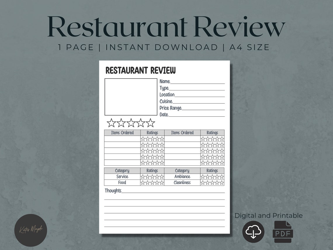 Digital Restaurant Review Template | Review Journal | Printable ...