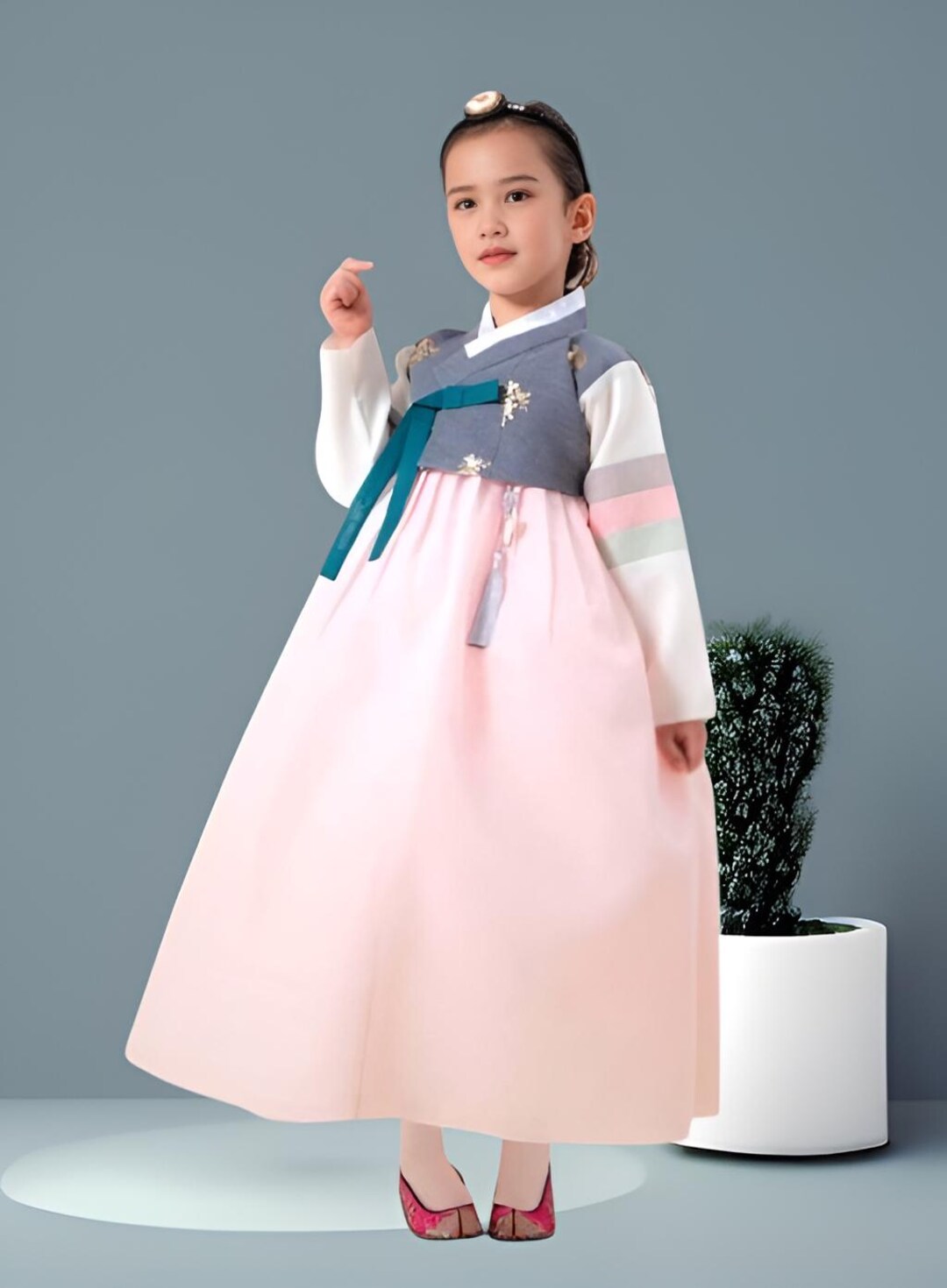 Grey Pink Hanbok Girl, Korean Traditional Costume for Girls, Kids ...