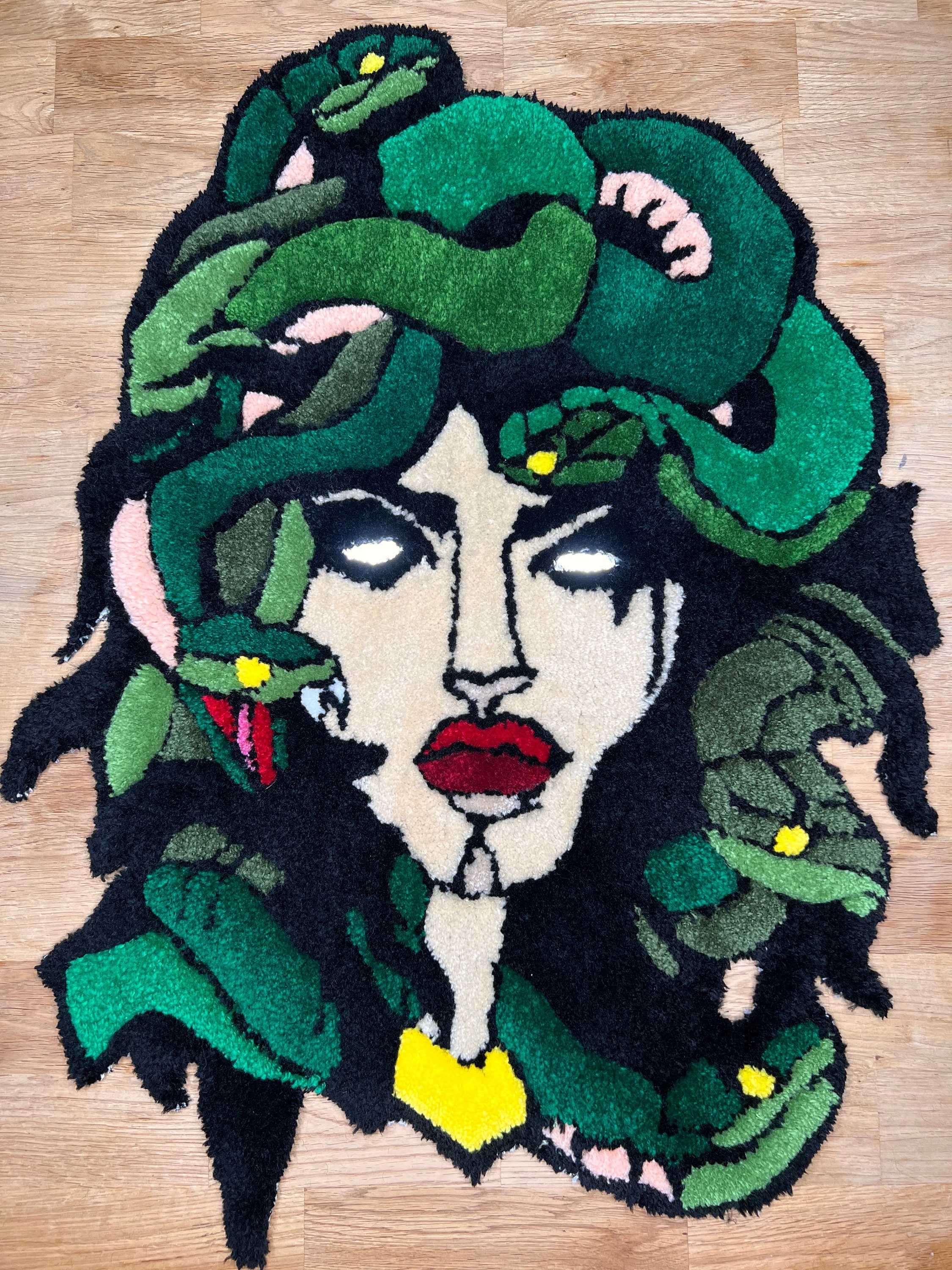 Medusa Mirrored Handmade Tufted Wall Hanging Punch Needle Mirror Green ...