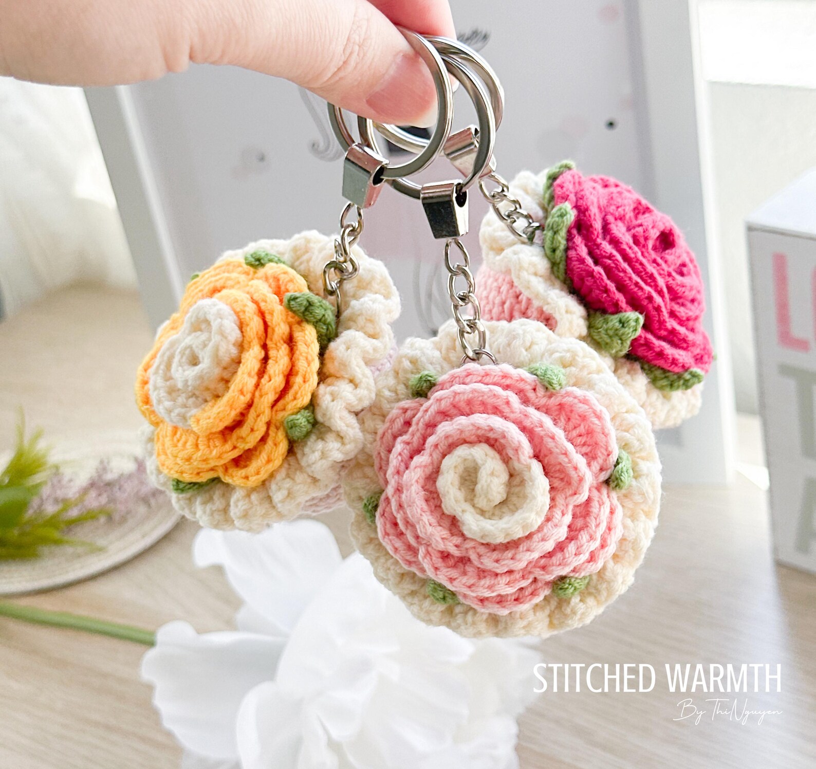 Handmade Flower Keychain Crochet Keychain Handknit Flower Bouquet ...