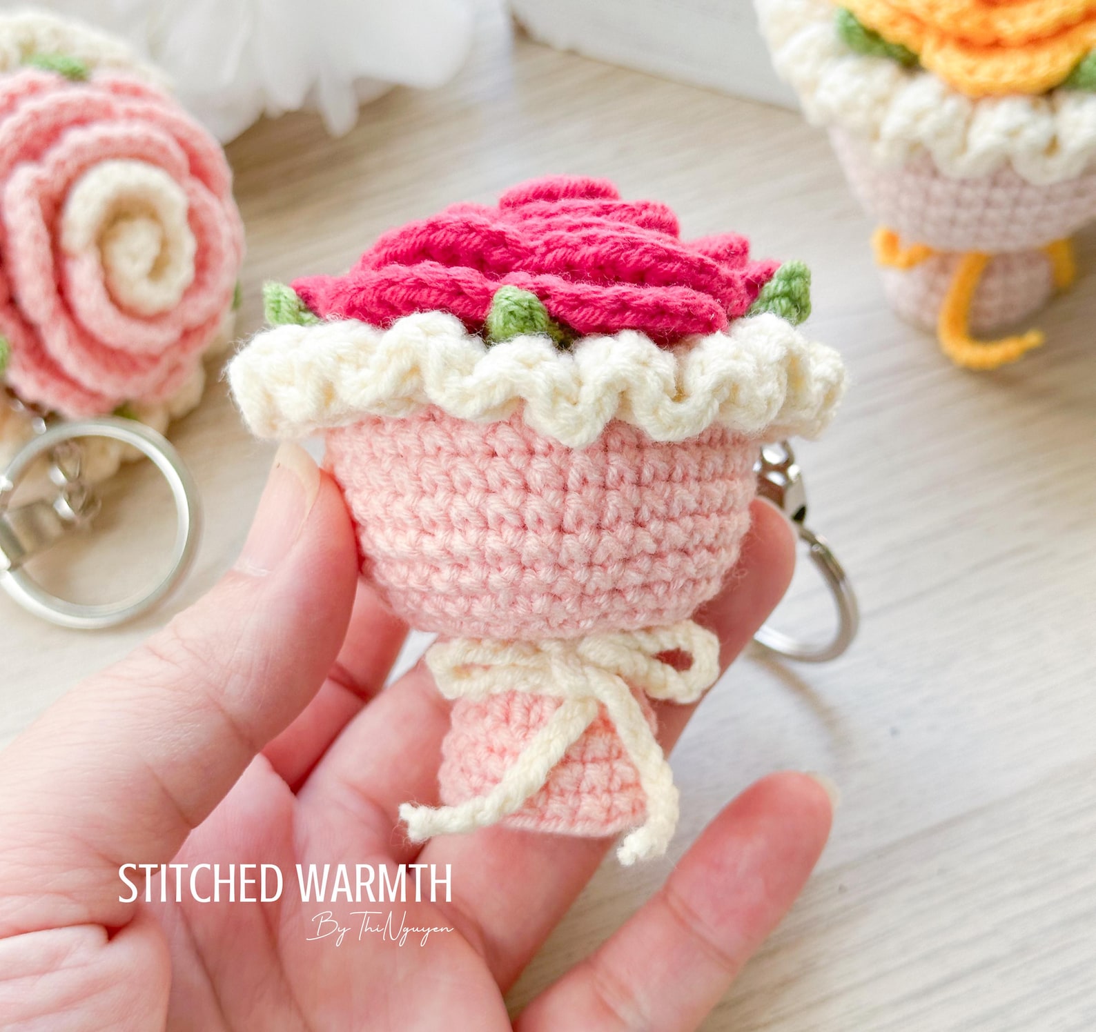 Handmade Flower Keychain Crochet Keychain Handknit Flower Bouquet ...