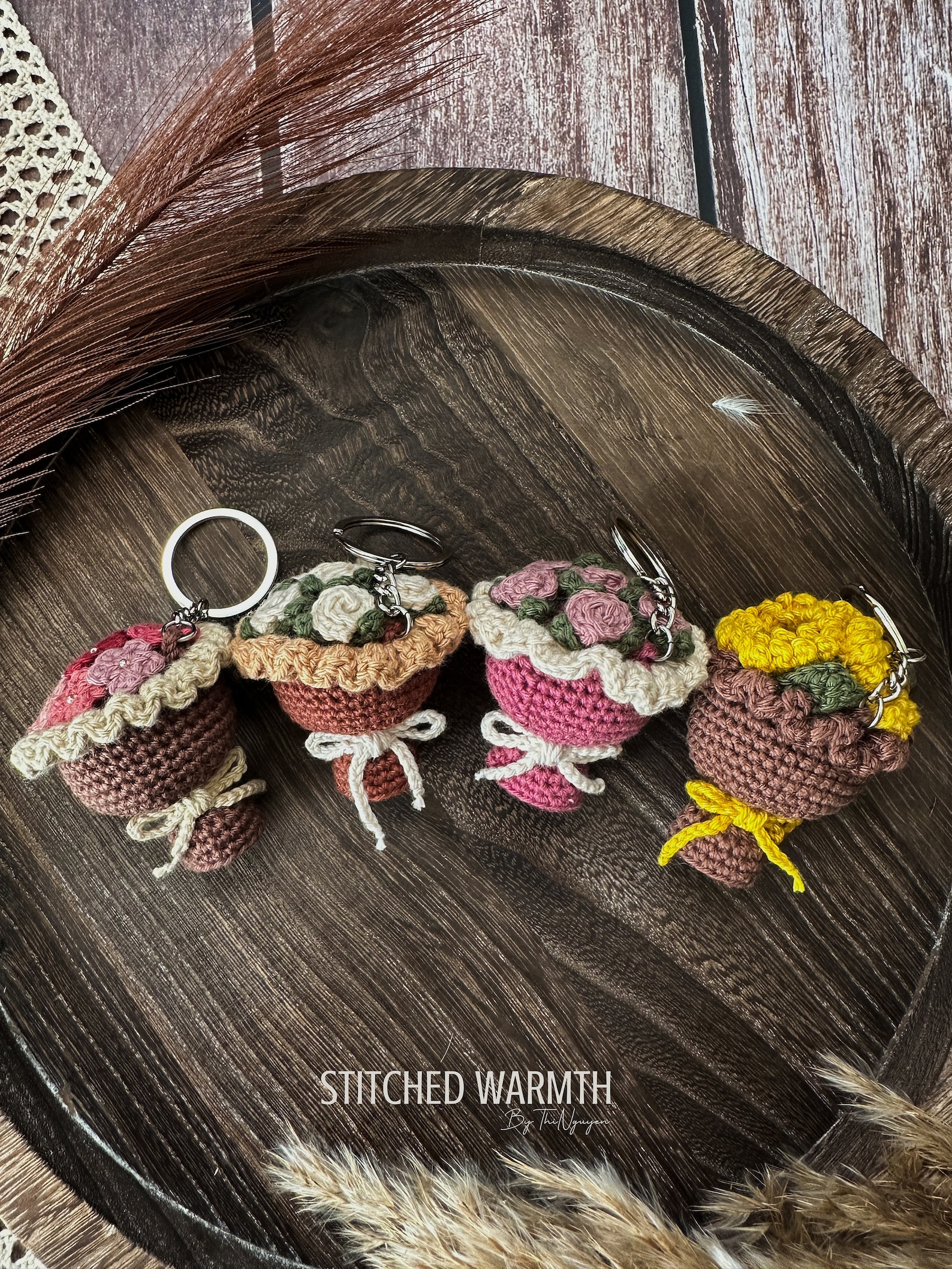 Flower Bouquet Keychain Women Crochet Keyring Bag Charm Stylish Floral ...