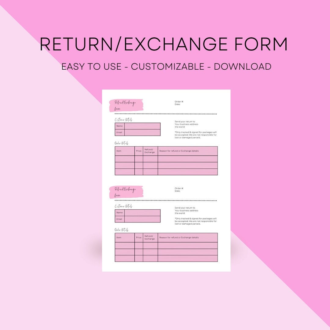Return Exchange Form Pink, Small Business, Boss Babe, Canva Print ...