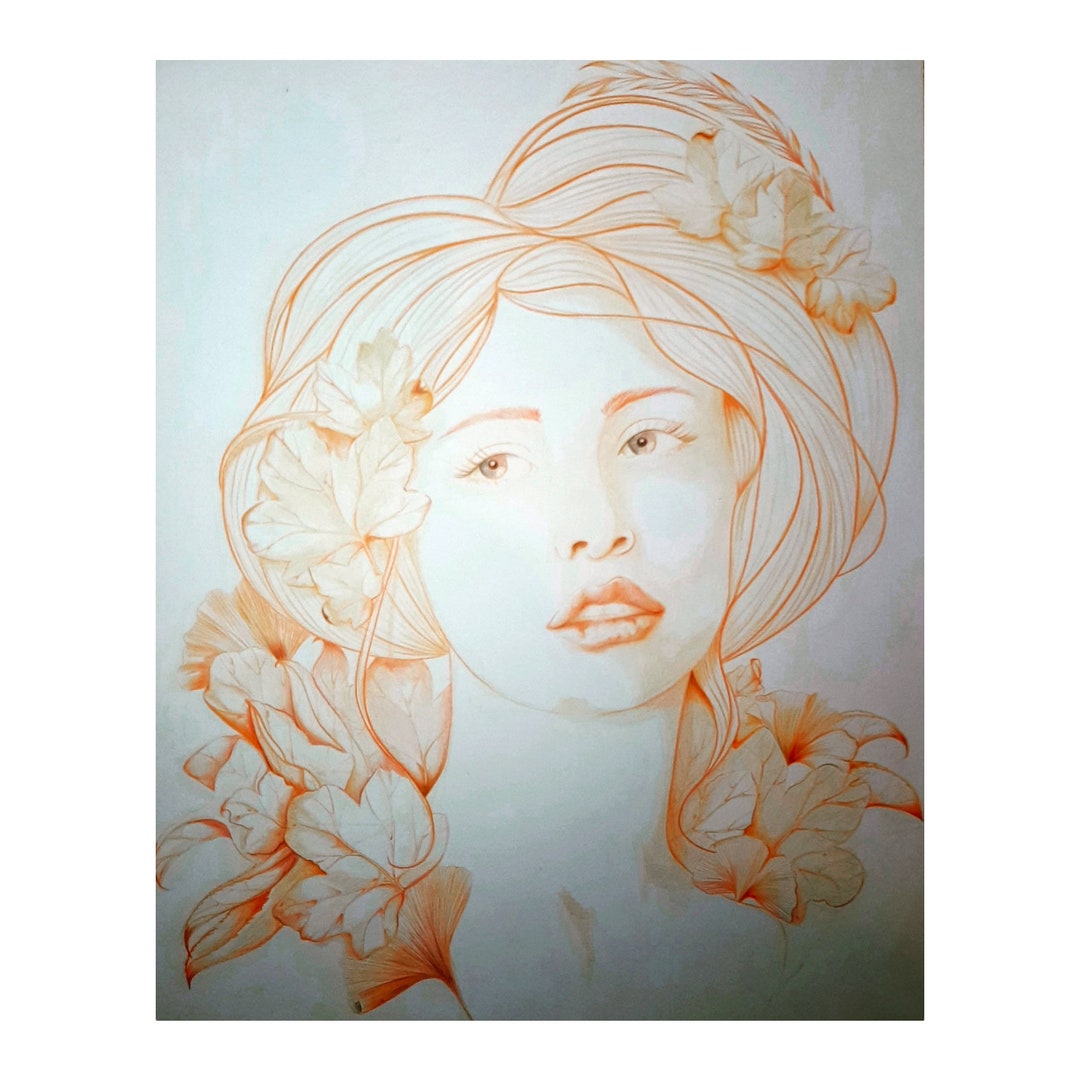Portrait Drawing Flower Girl in Mucha Style Pencil Drawing Studio Celi ...