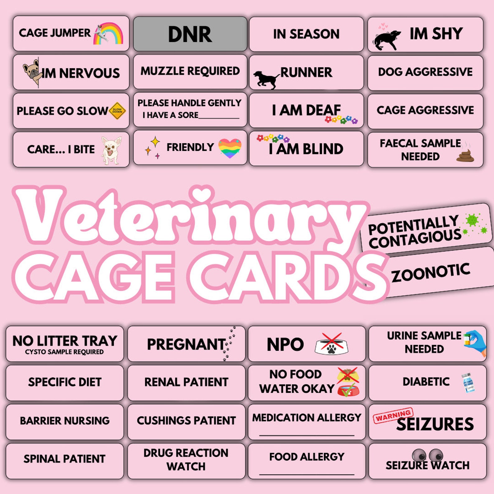 Veterinary Cage Cards - Temperament, Alerts and Safety Cards PINK - Etsy