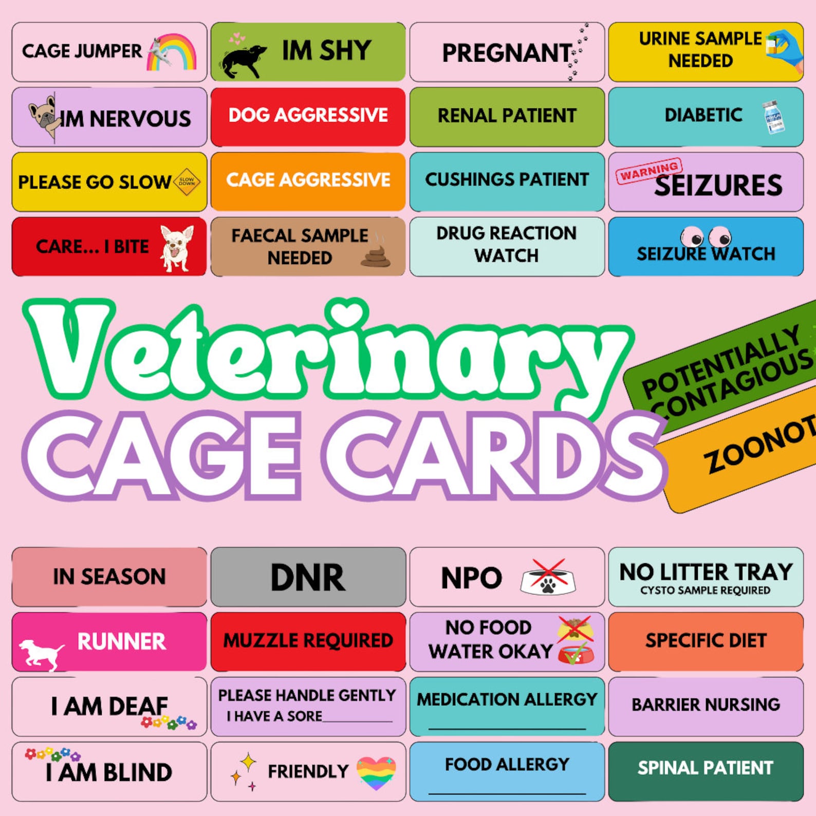Veterinary Cage Cards - Temperament, Alerts and Safety Cards - Rainbow ...