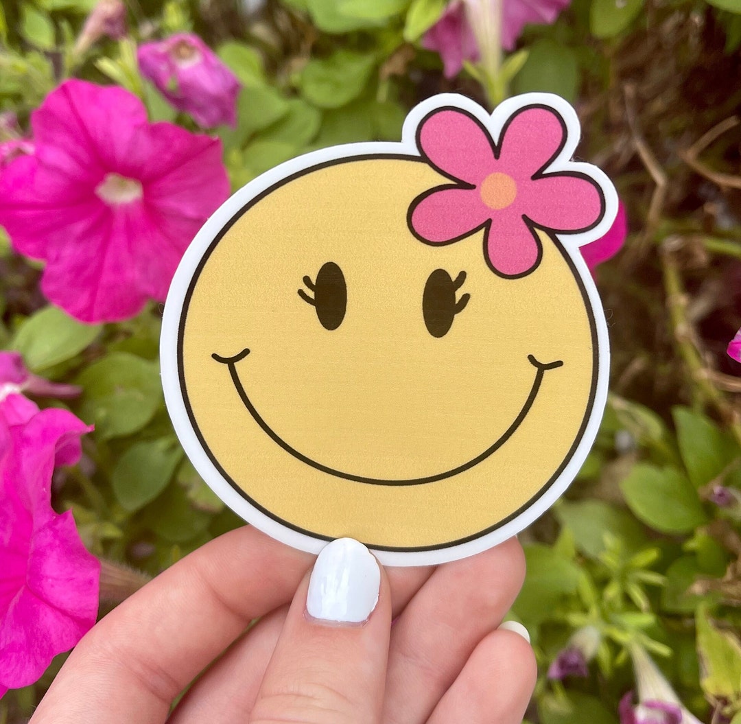 Cute Yellow Smiley Face With Flower Waterproof Glossy Sticker for ...
