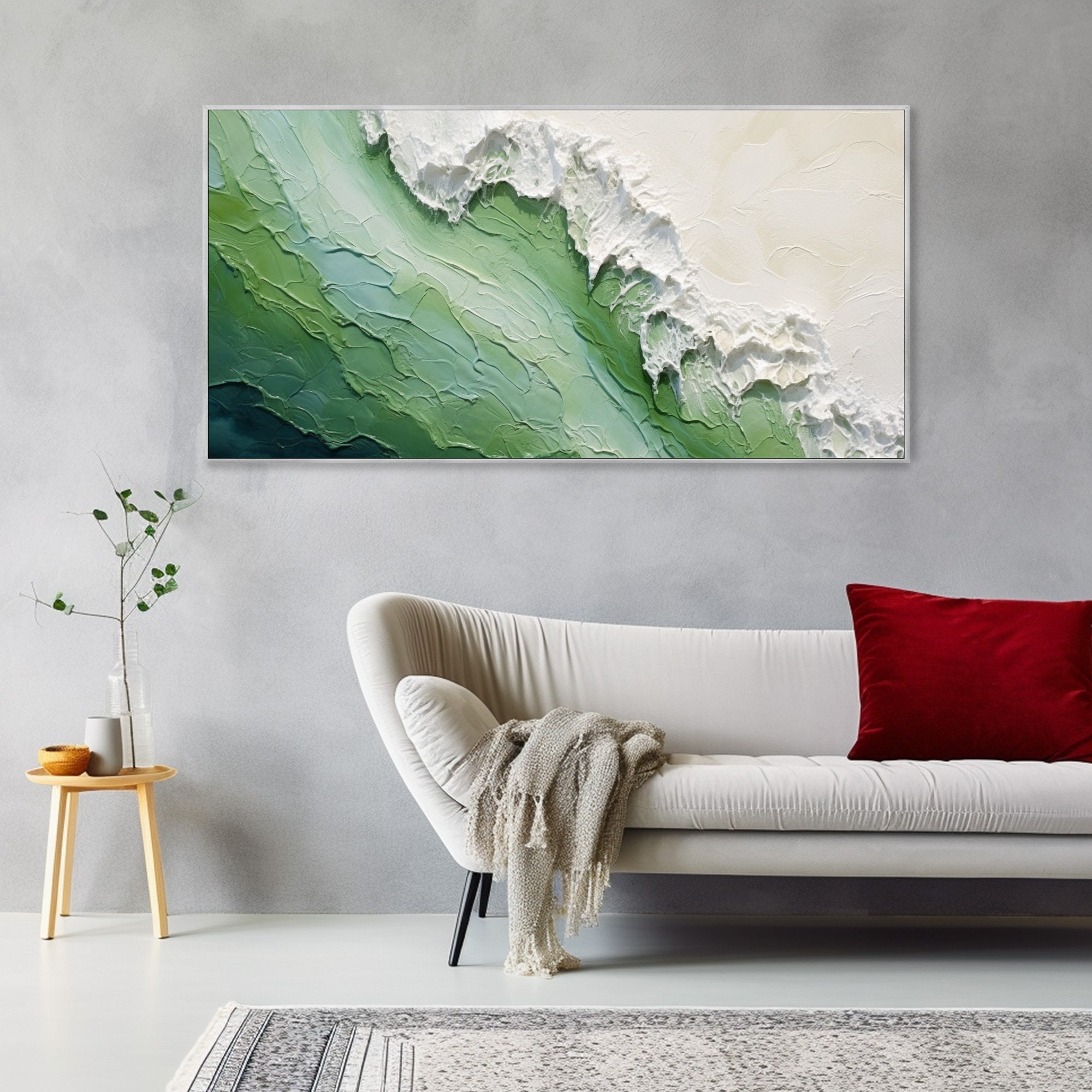 Abstract Green Sea Landscape Art 3D White Wave Painting Cream Texture ...