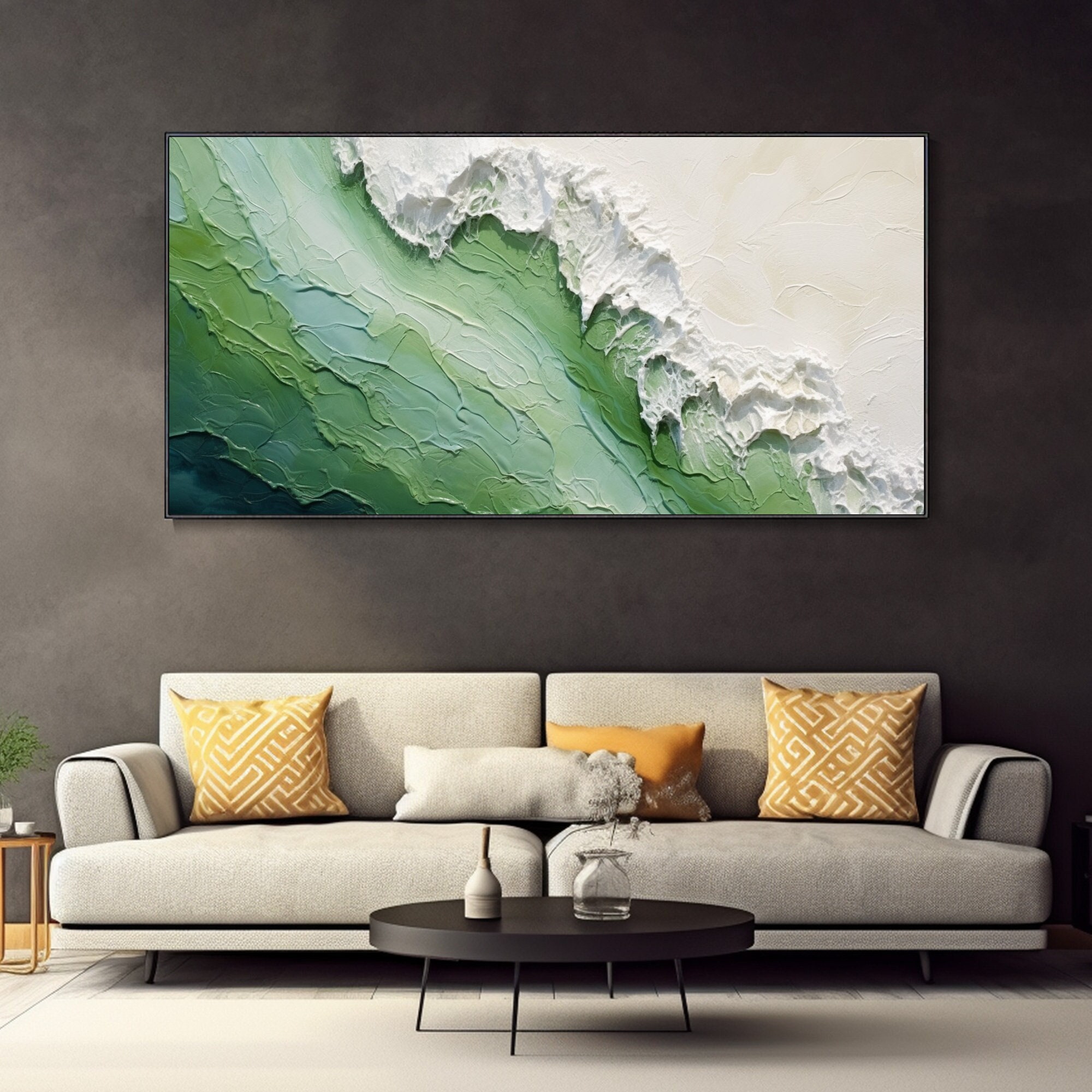Abstract Green Sea Landscape Art 3D White Wave Painting Cream Texture ...