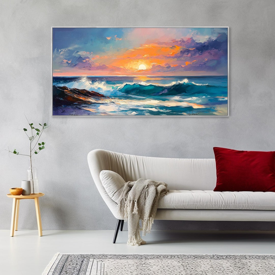 Abstract Blue Ocean Landscape Canvas Oil Painting Exquisite Sunrise ...