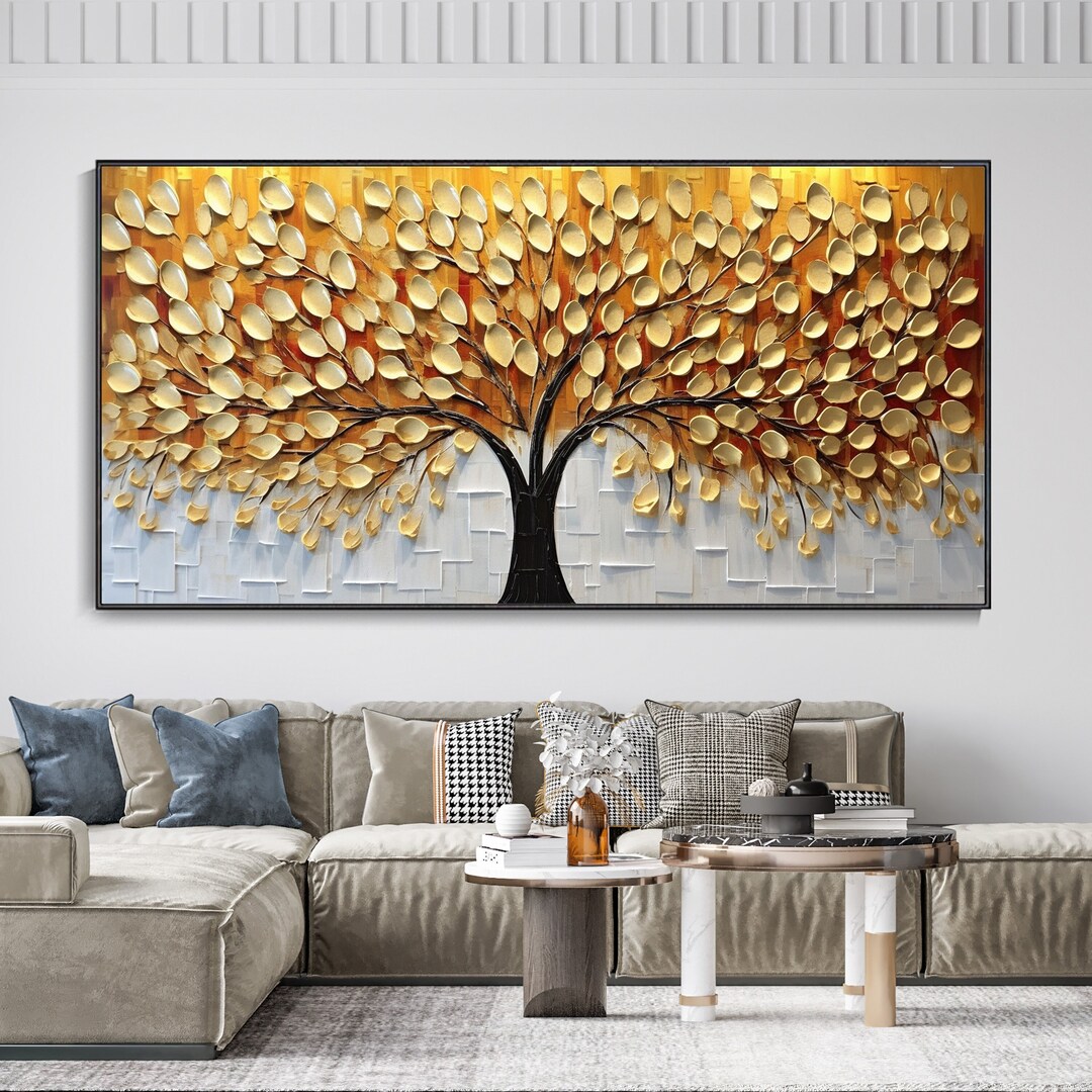 Original Tower-type Tree Texture Wall Art Golden Life Tree Hand Canvas ...