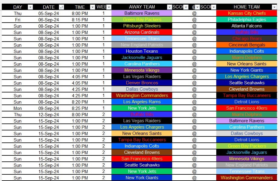 Football Team Spreadsheet