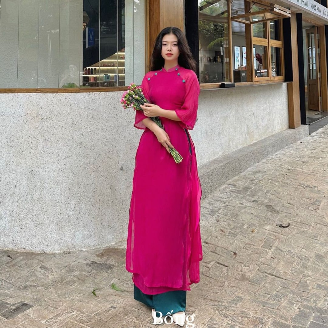 Pink Ao Dai With Pearl Silk Pants-Áo Dài Hồng Thiết Kế Kèm Quần Lụa ...
