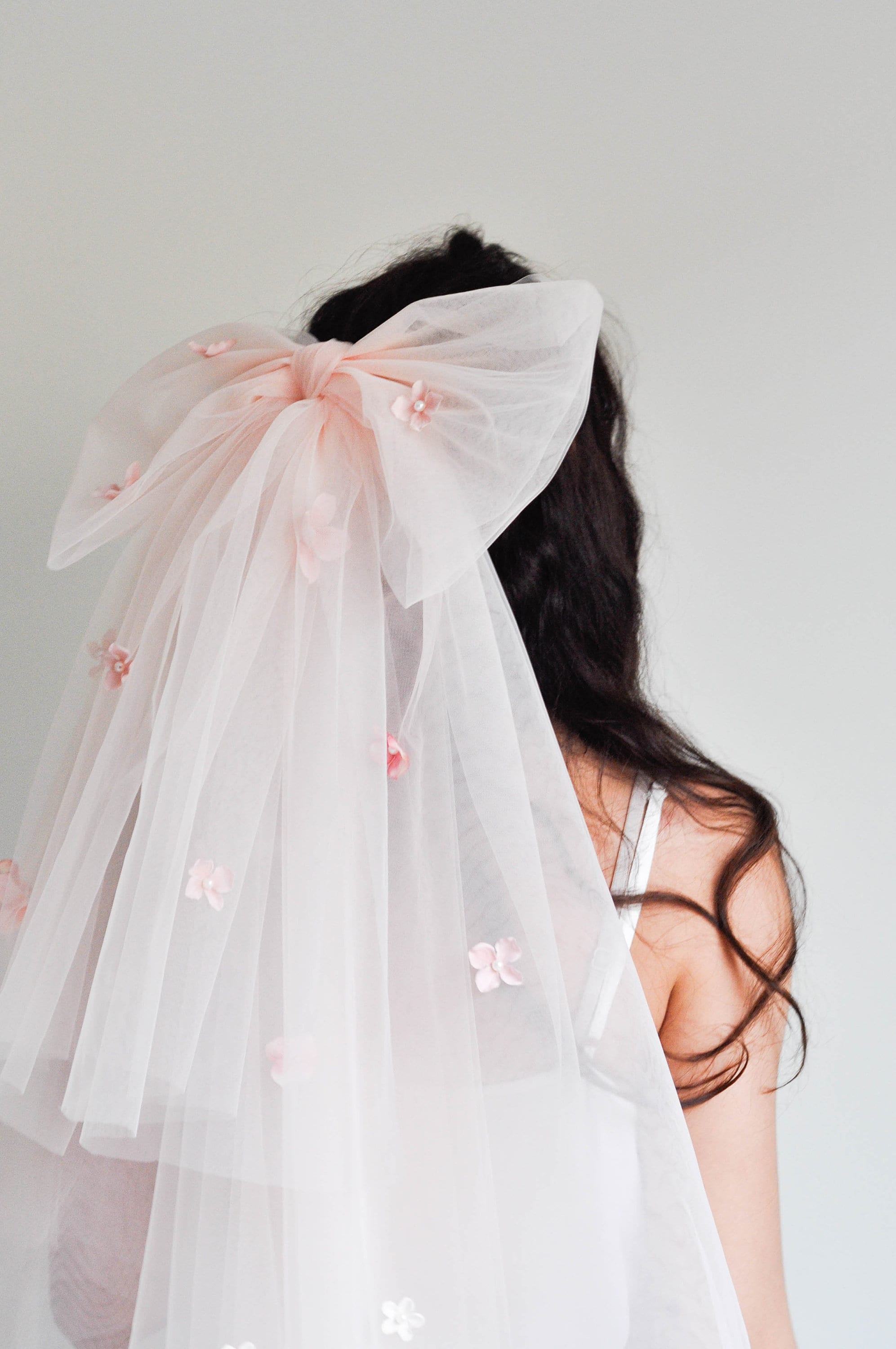 Double Bridal Flower Veil, Floral Wedding Veil, Pink Bow Wedding Veil ...