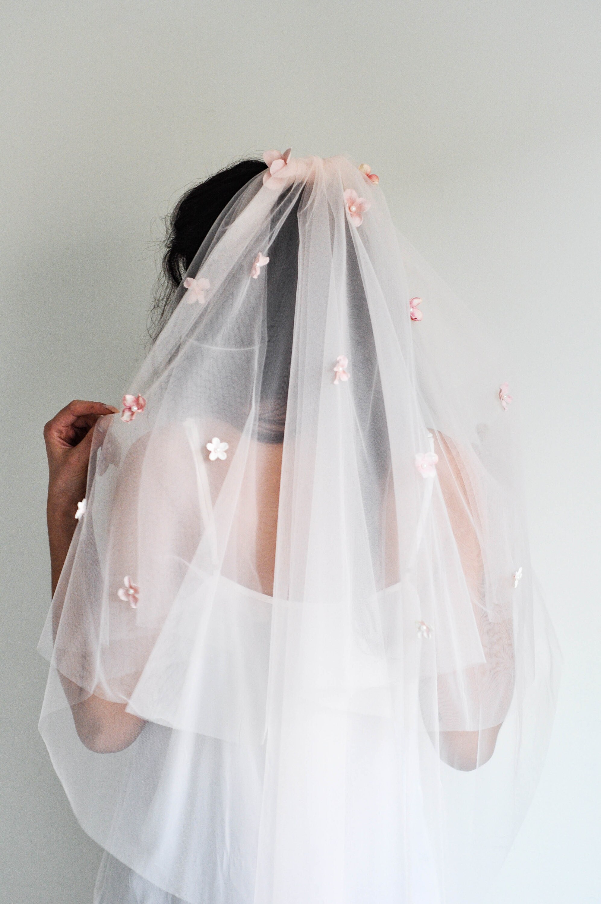 Double Short Bridal Veil, Floral Wedding Veil, Pink Wedding Veil, Veil ...