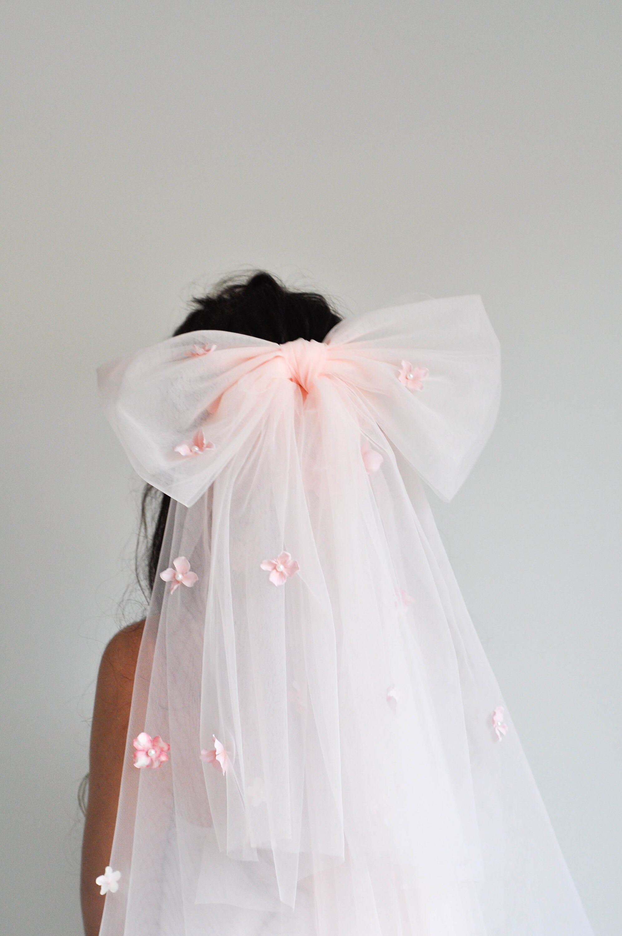 Double Bridal Flower Veil, Floral Wedding Veil, Pink Bow Wedding Veil ...