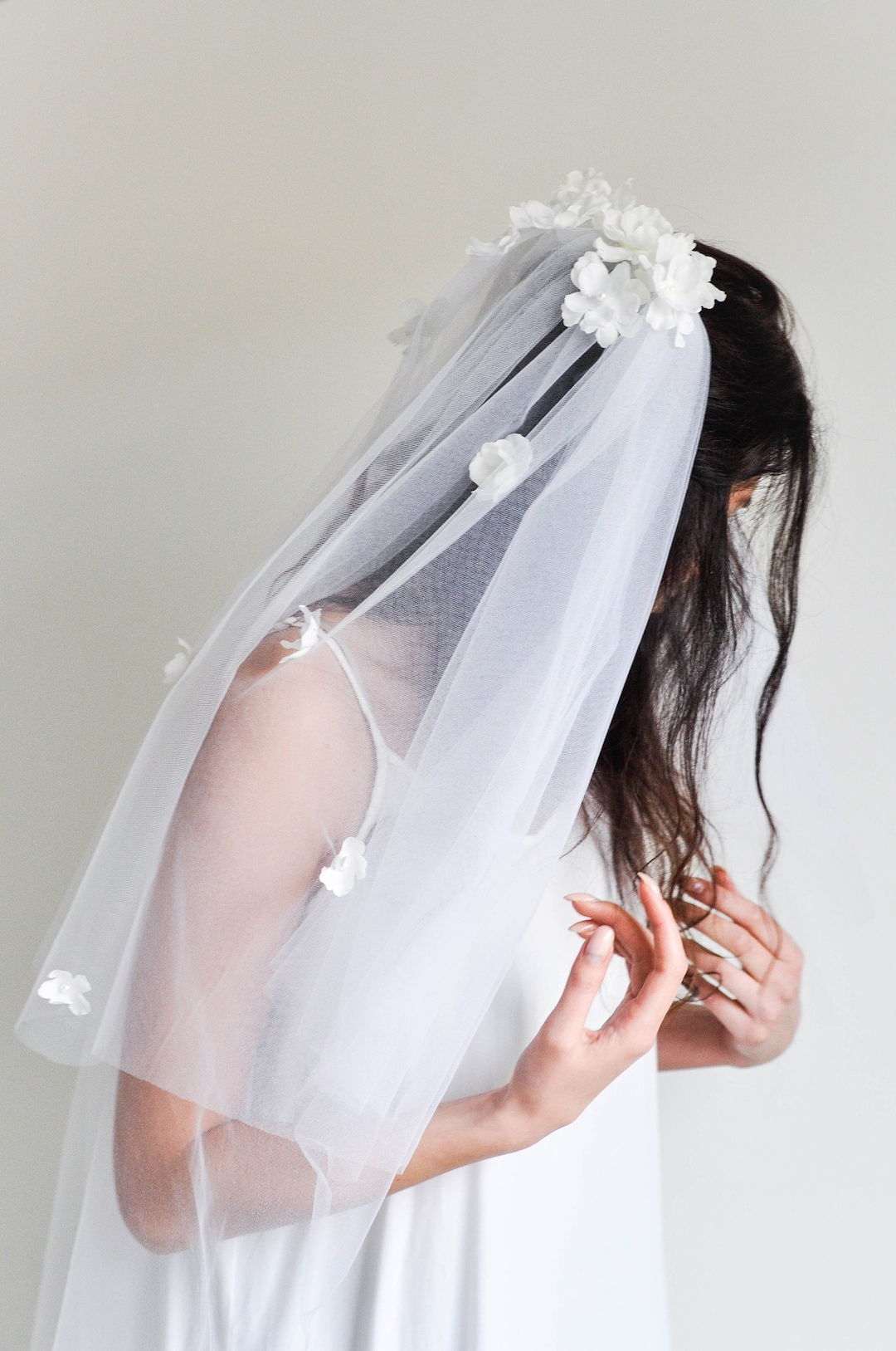Veil Flowers, Veil Wedding, Double Short Bridal Veil, Floral Wedding ...
