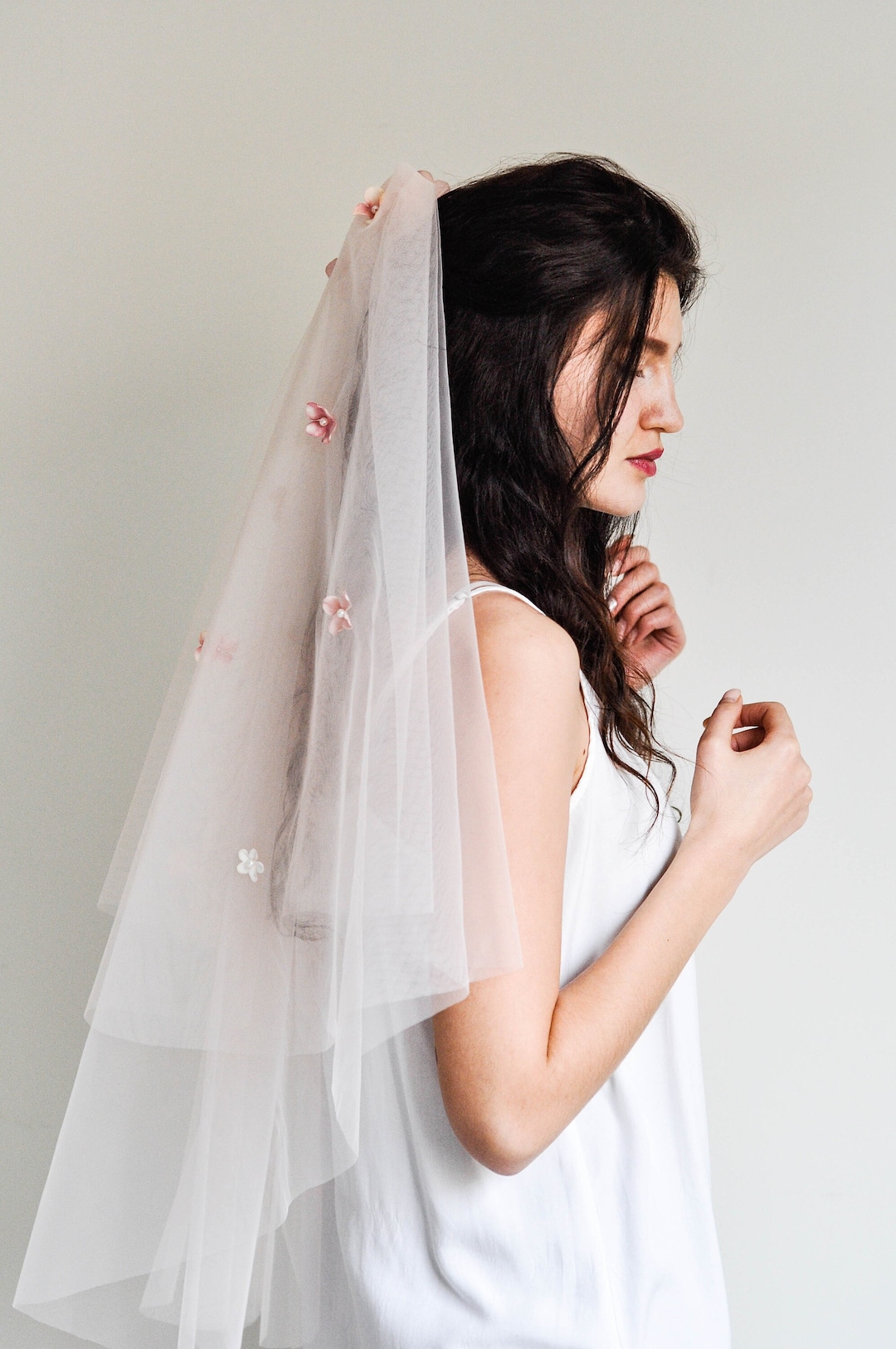 Double Short Bridal Veil, Floral Wedding Veil, Pink Wedding Veil, Veil ...