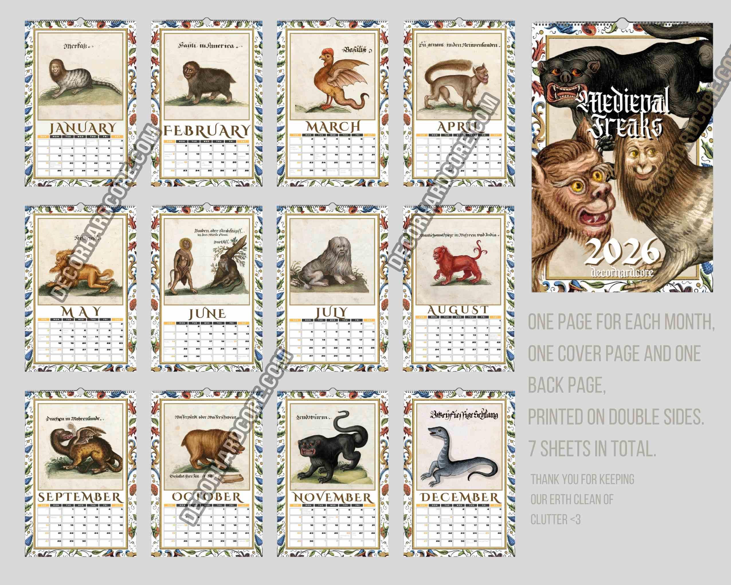 2026 Medieval Freaks Wall Calendar With Hook, Demons Creatures Human ...