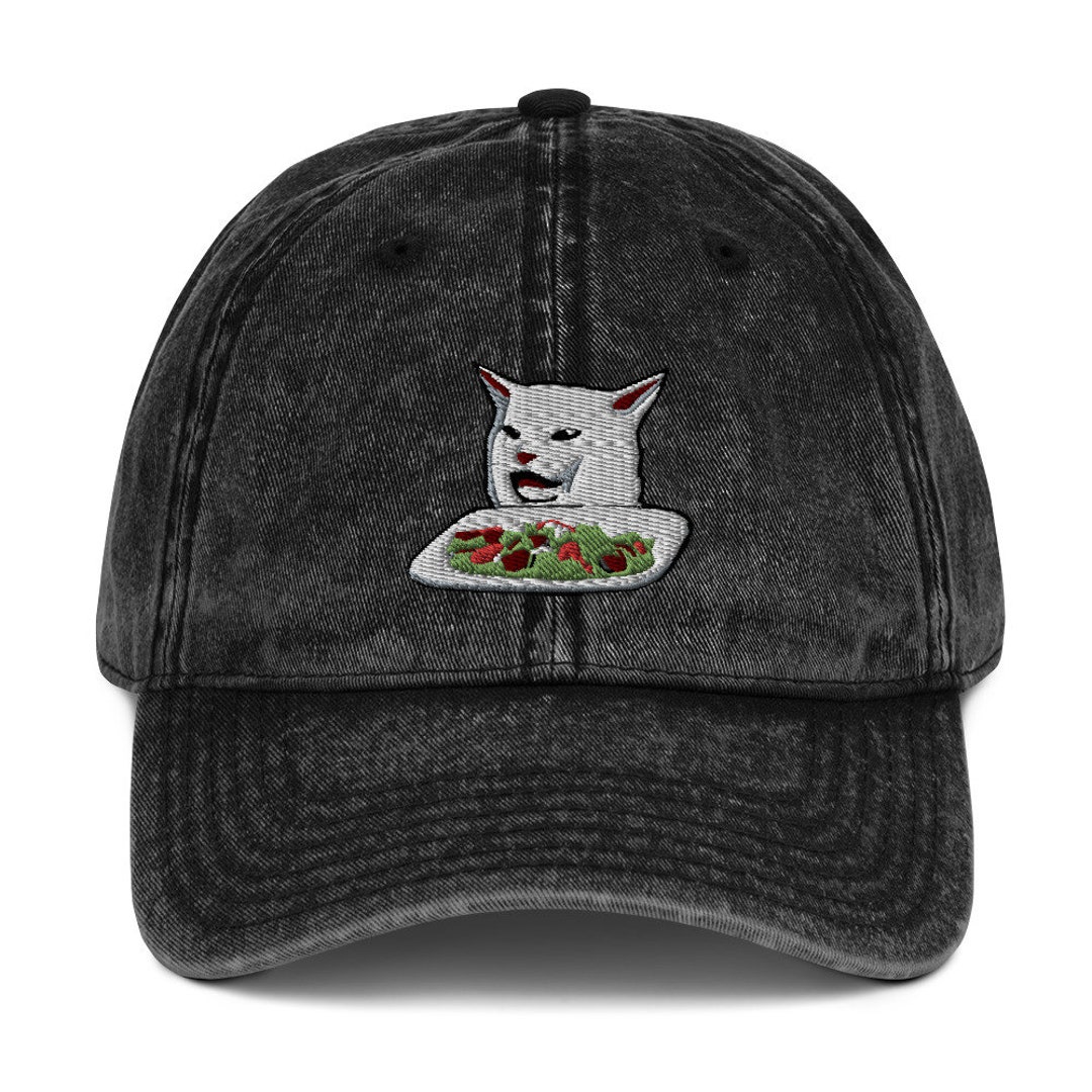 Woman Yelling at a Cat Meme Hat, Smudge Cat Embroidered, Salad White ...