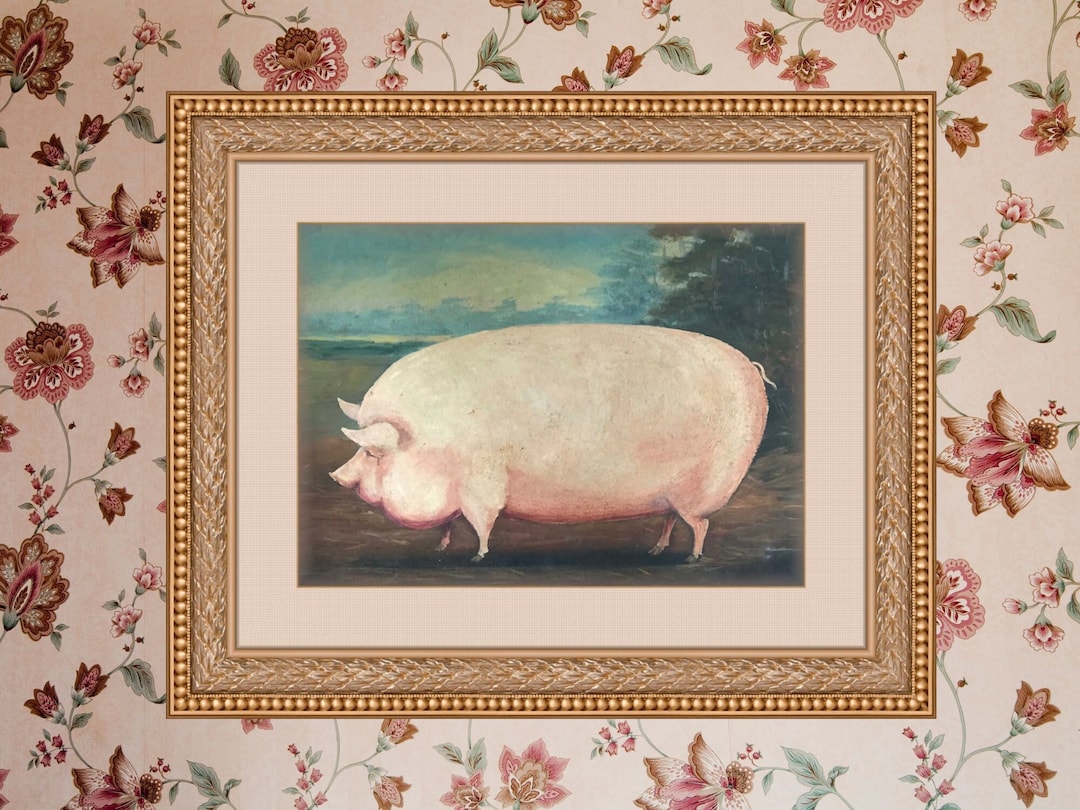 Prize Pig 19th Century Folk Art Oil Painting Reproduction, White Pig ...