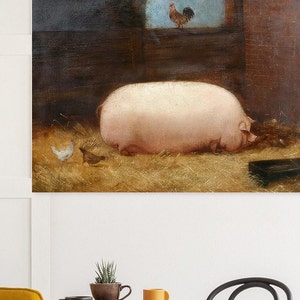 Prize Pig 19th Century Folk Art Oil Painting Reproduction, White Chonky ...