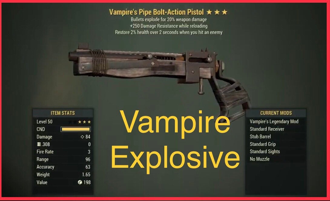 Fallout 76 Vampire Explosive Pipe Bolt Action Pistol L50 - Etsy