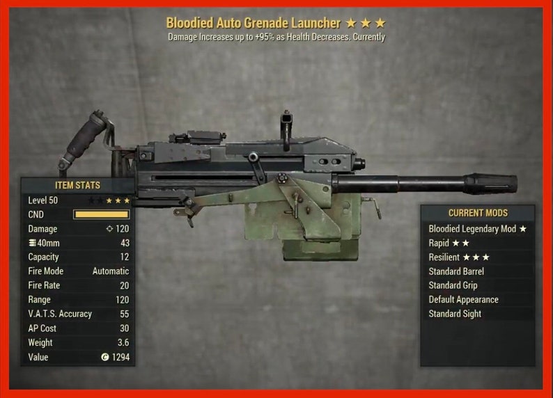 Bloodied Auto Grenade Launcher Fallout 76 25WS 250DRWR L50 Xbox One and ...