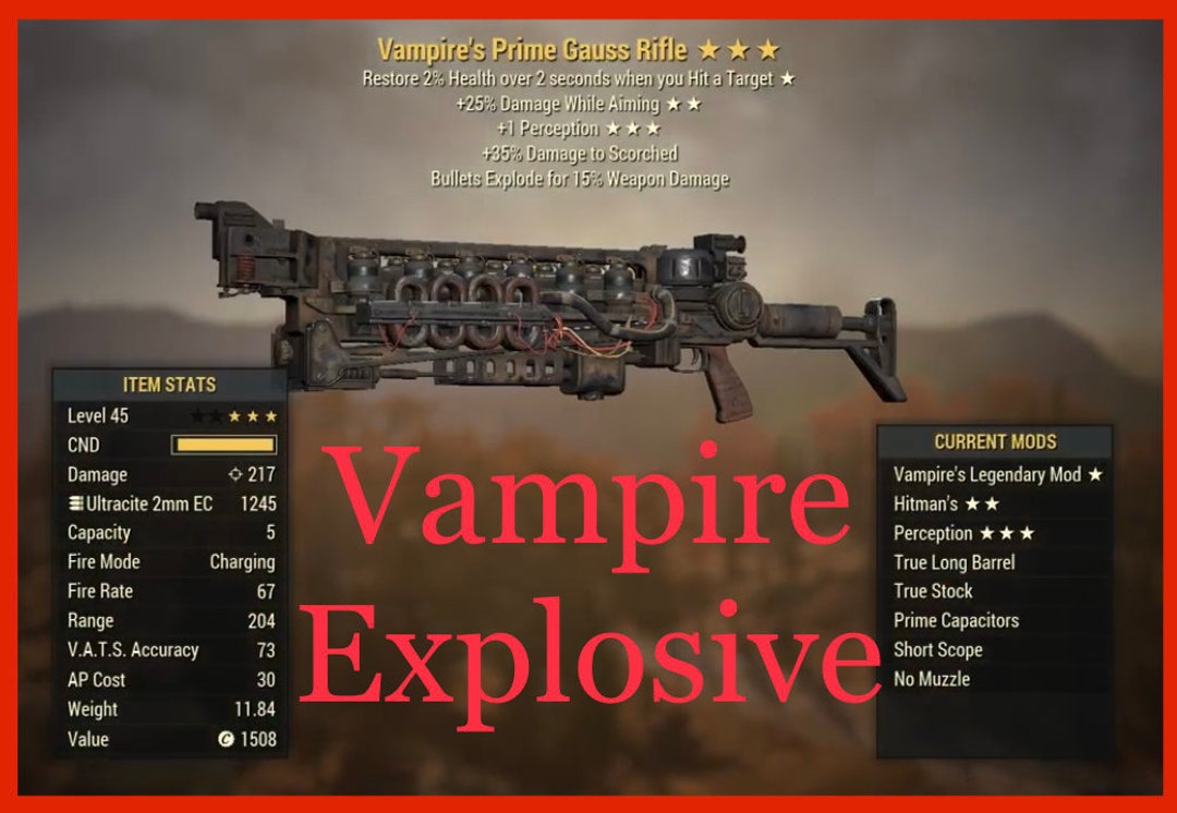 Fallout 76 Explosive Vampire Gauss Rifle Prime L45 25DWA - Etsy