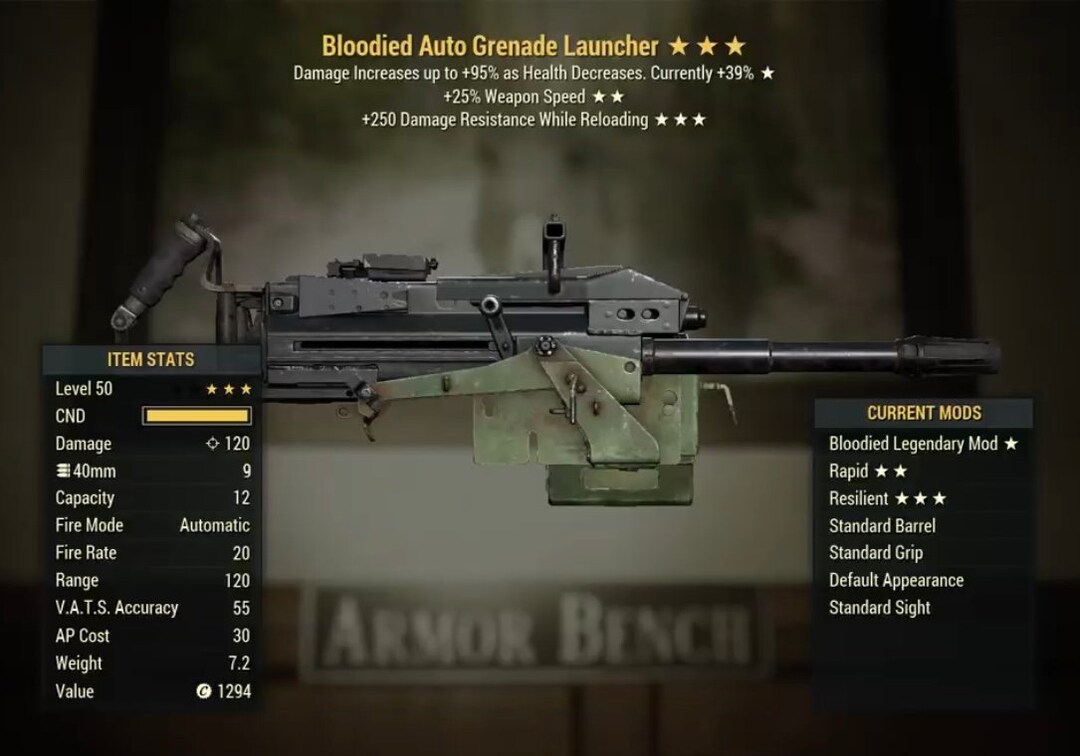 Bloodied Auto Grenade Launcher Fallout 76 L50 25WS 250DRWR Xbox One and ...