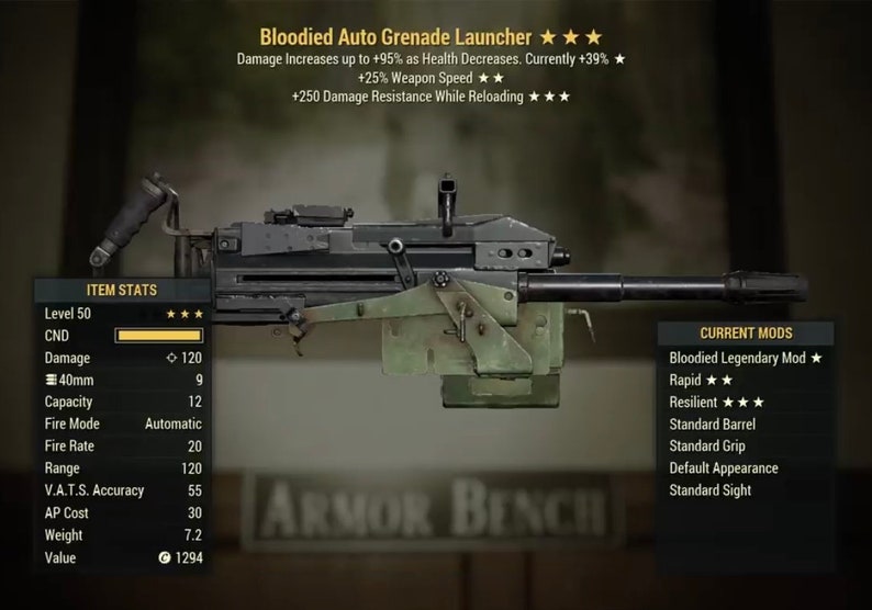 Bloodied Auto Grenade Launcher Fallout 76 L50 25WS 250DRWR Xbox One and ...