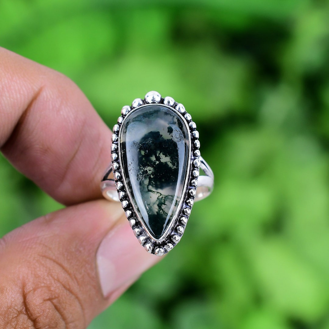 Moss Agate Ring 925 Sterling Silver Ring Moss Agate Genuine Gemstone ...