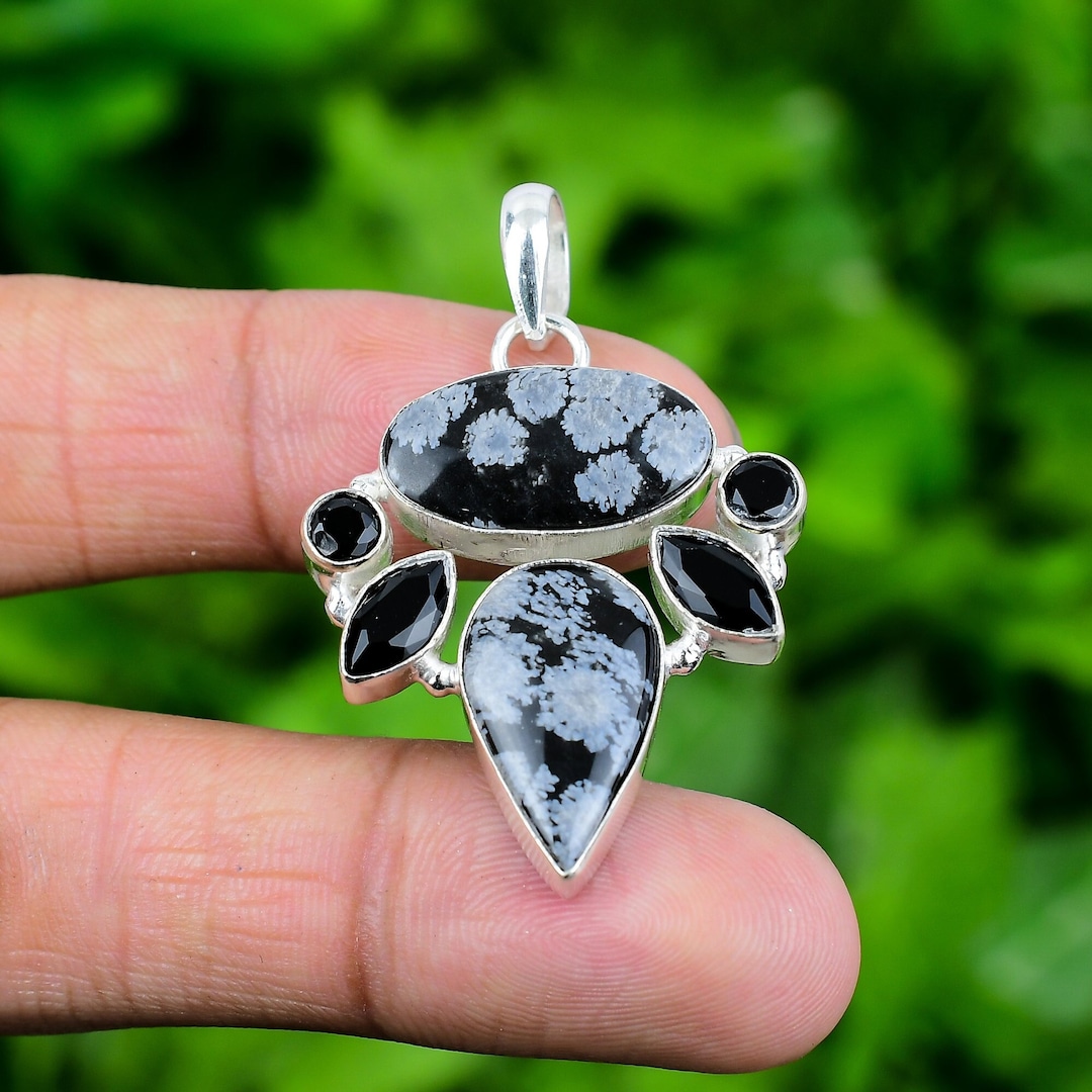 Snowflake Obsidian & Black Onyx 925 Sterling Silver Pendant - 1.9" - Etsy