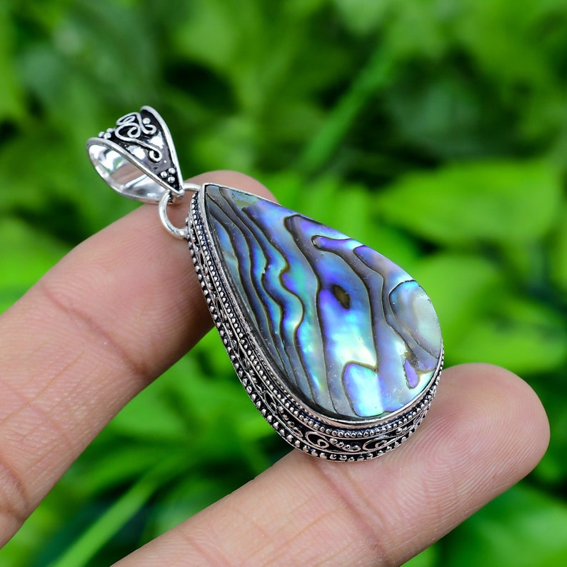 Rainbow Abalone Shell Pendant: Handmade 925 Sterling Silver Pear ...