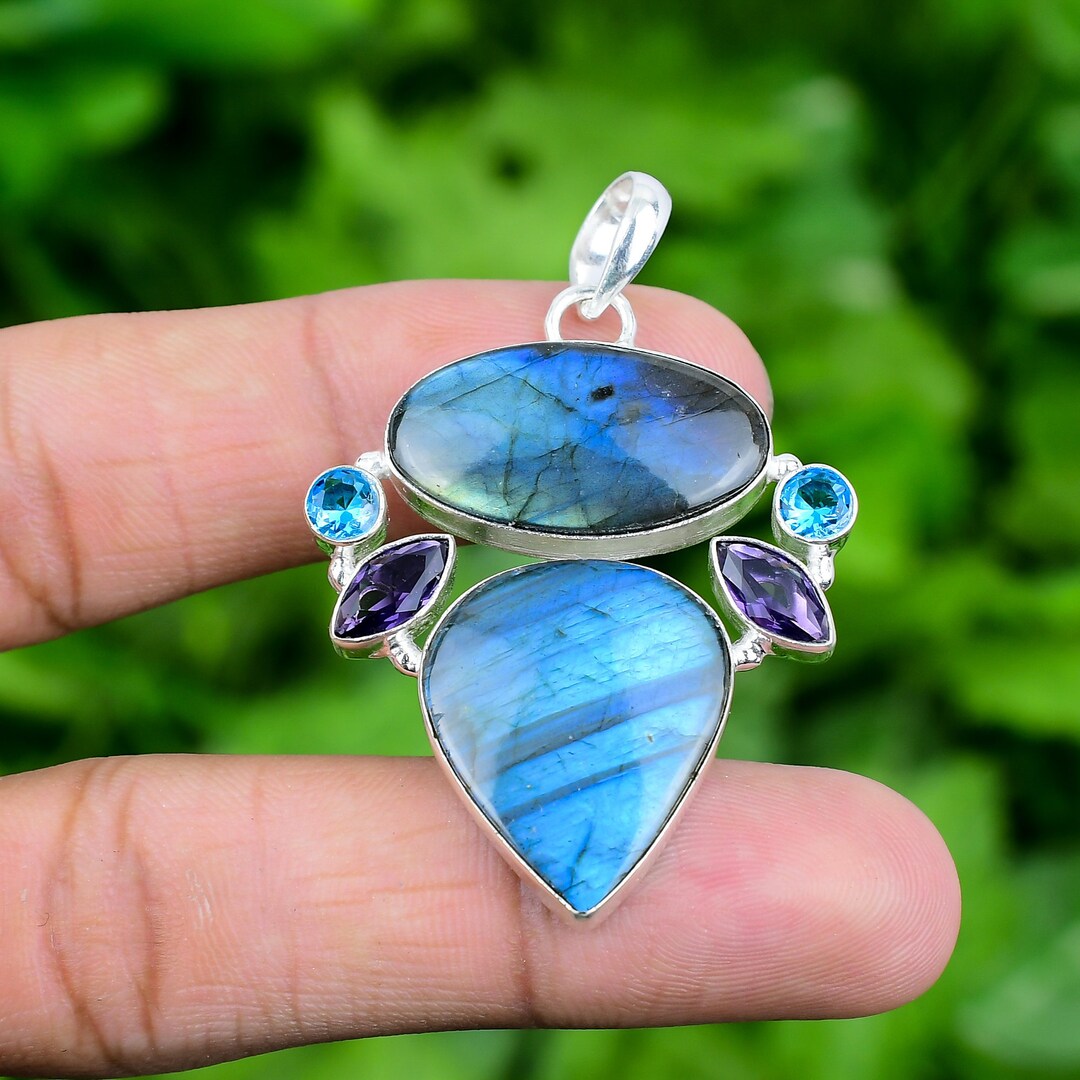 Blue Flash Labradorite Pendant: Amethyst, Topaz, Sterling Silver - Etsy