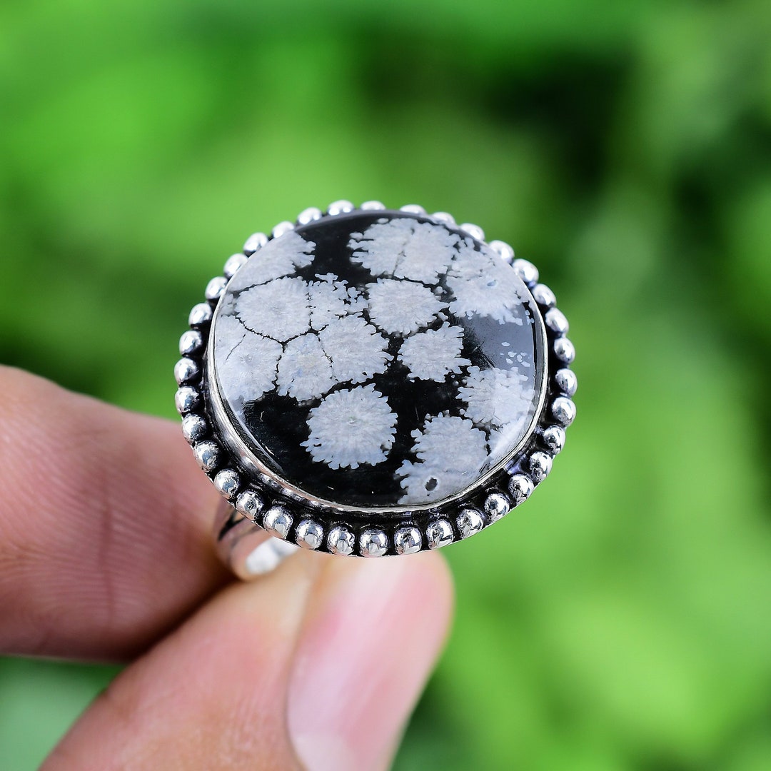 Handmade Snowflake Obsidian Ring: Bohemian 925 Sterling Silver Jewelry ...