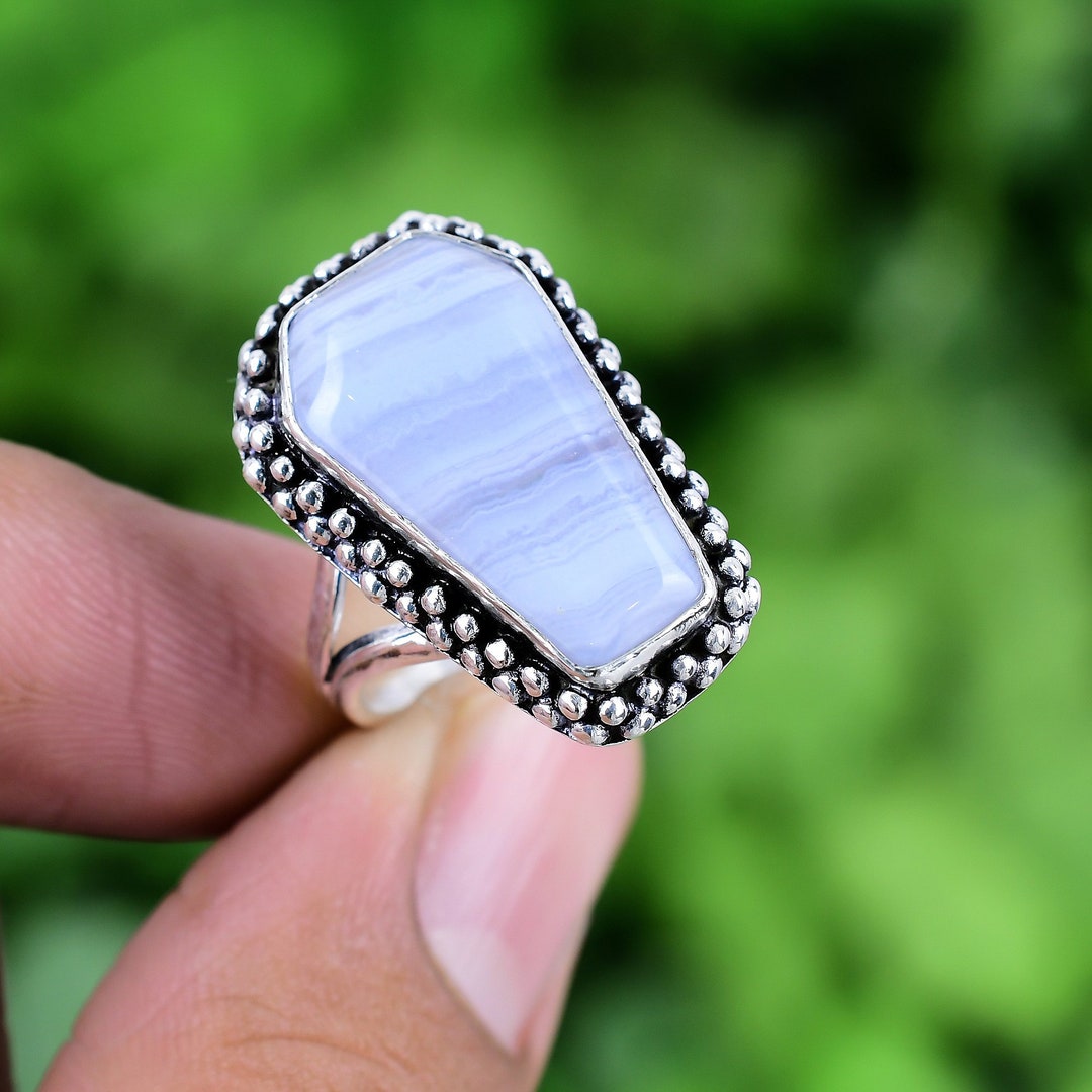Namibian Blue Lace Agate Ring 925 Sterling Silver Ring Genuine Gemstone ...