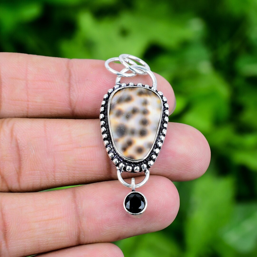 Spotted Shell & Black Onyx Pendant: Handmade Sterling Silver Jewelry - Etsy