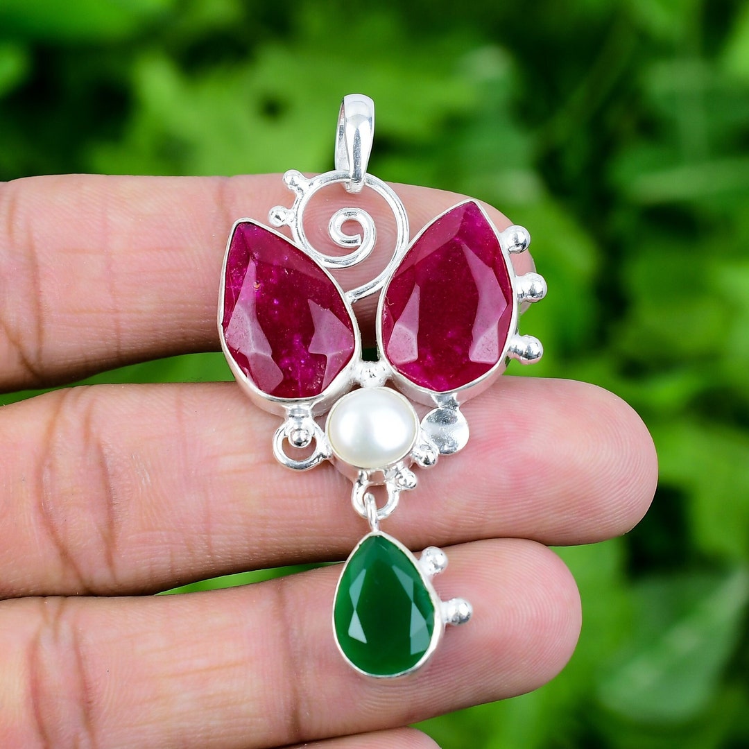 Handmade Sterling Silver Ruby, Emerald & Pearl Pendant - 2.4" - Etsy