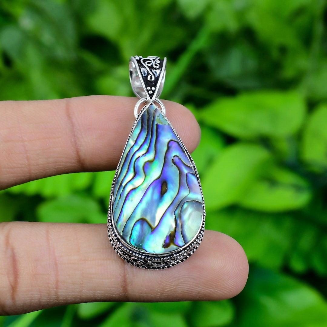 Rainbow Abalone Shell Pendant: Handmade 925 Sterling Silver Pear ...