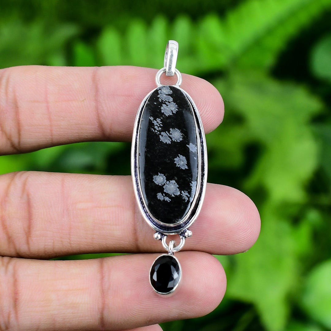 Snowflake Obsidian Pendant, Black Onyx 925 Sterling Silver Pendant ...