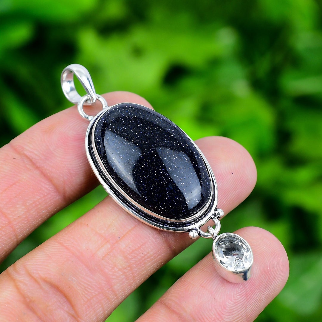 Blue Sunstone Pendant: White Topaz, 925 Sterling Silver, Handmade - Etsy