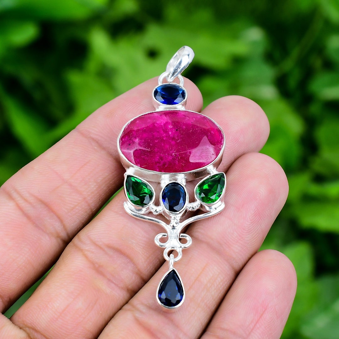 Handmade Sterling Silver Ruby Pendant: Sapphire & Tsavorite Gemstone ...