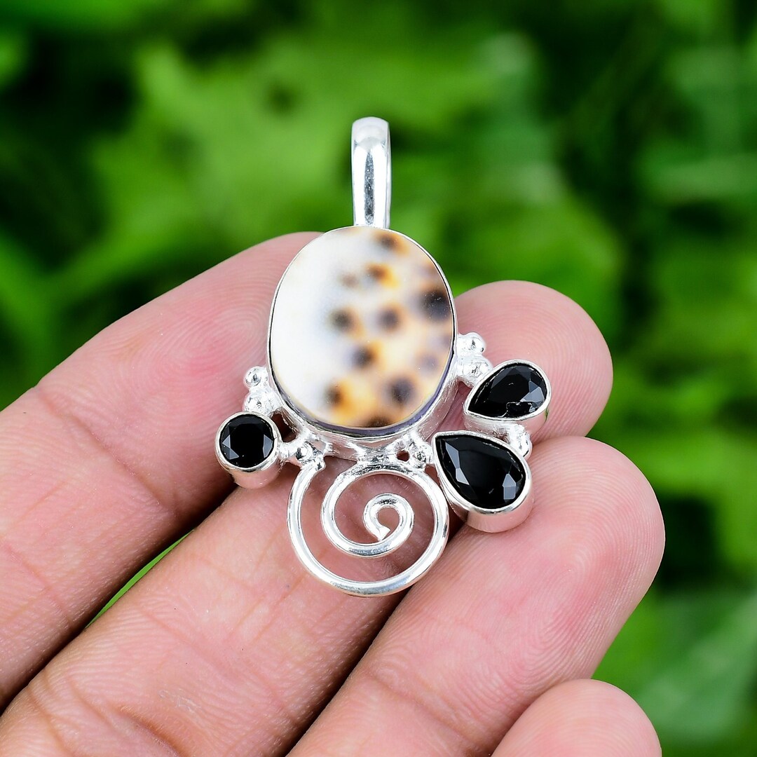 Spotted Shell & Black Onyx Pendant: Handmade Sterling Silver Jewelry - Etsy