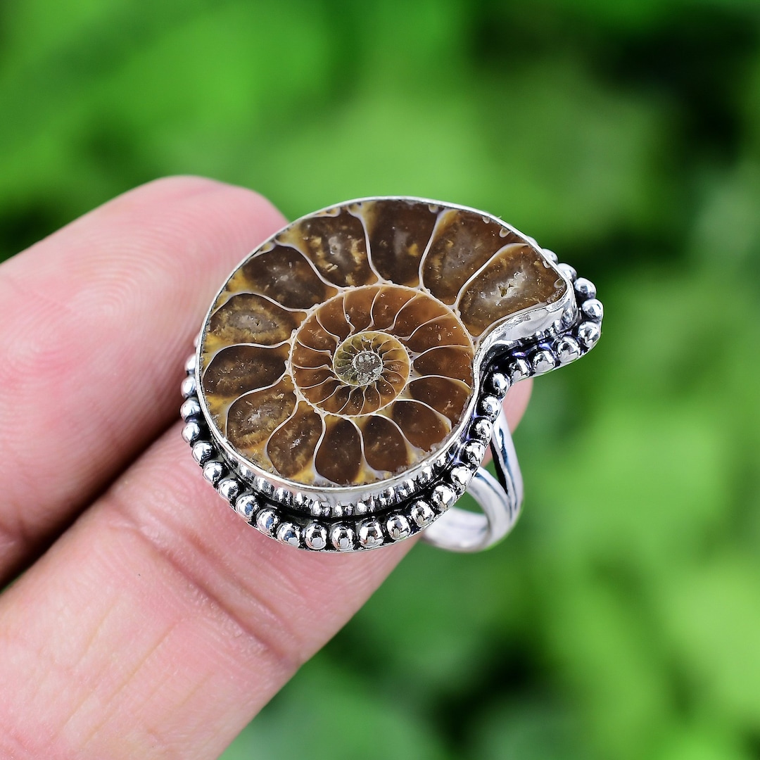 Ammonite Fossil Ring 925 Sterling Silver Ring Genuine Gemstone Bohemian ...