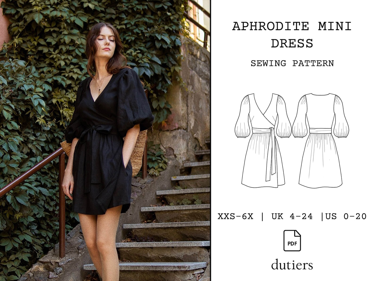 Aphrodite Wrap Mini Dress Sewing Pattern | Puff Sleeve (PDF Download ...