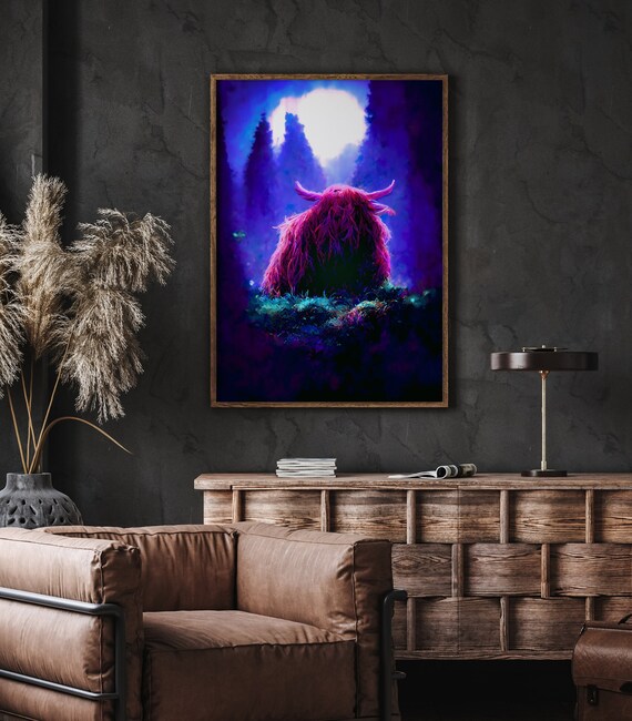 Cyberpunk Neon Lofi Scottish Highland Cow Wall Art Printable - Etsy