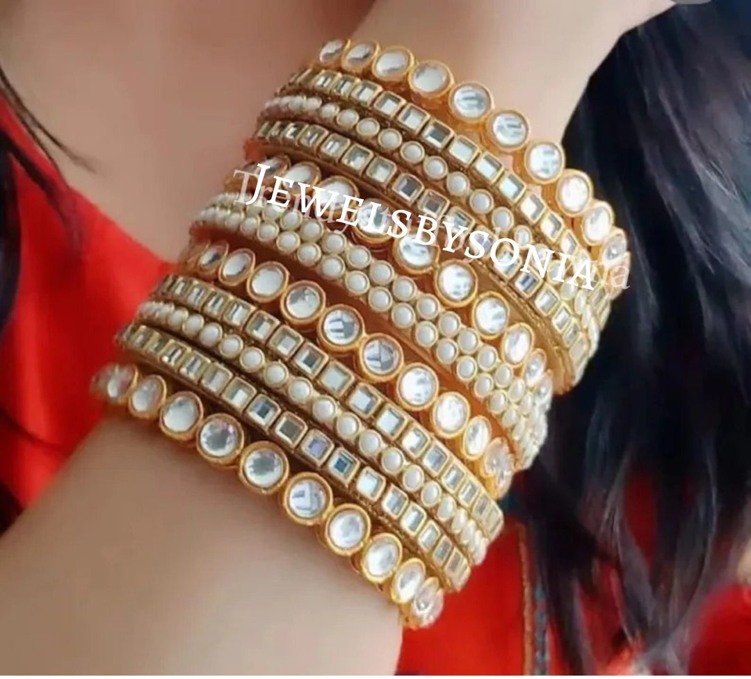 Polki Pearl Kundan Antique Dull Gold Finish Bangles/punjabi - Etsy