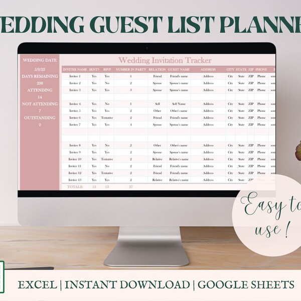 Wedding Guest List Excel Template - Etsy