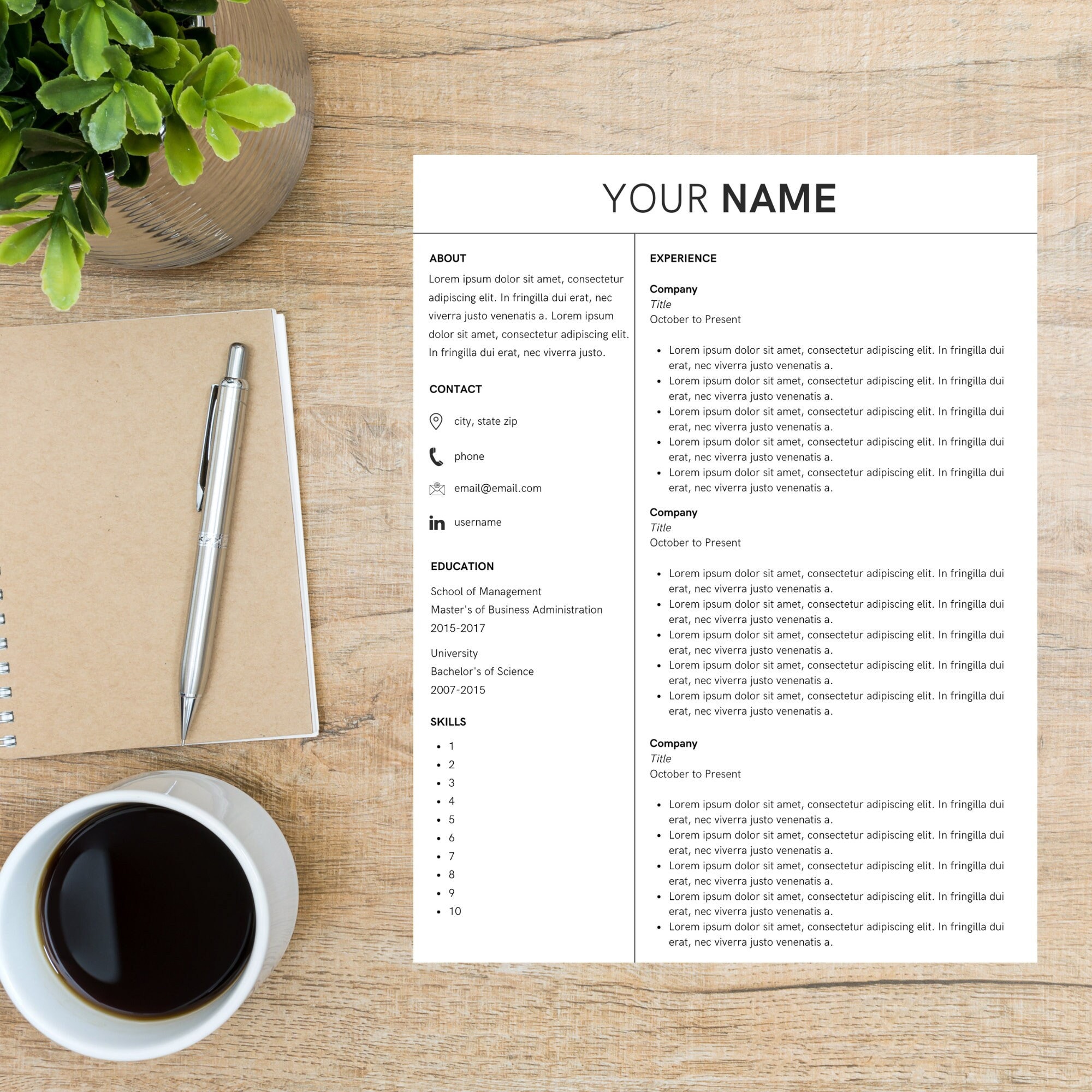 Simple Resume Template, Printable, Instant Download, Resume, Modern ...